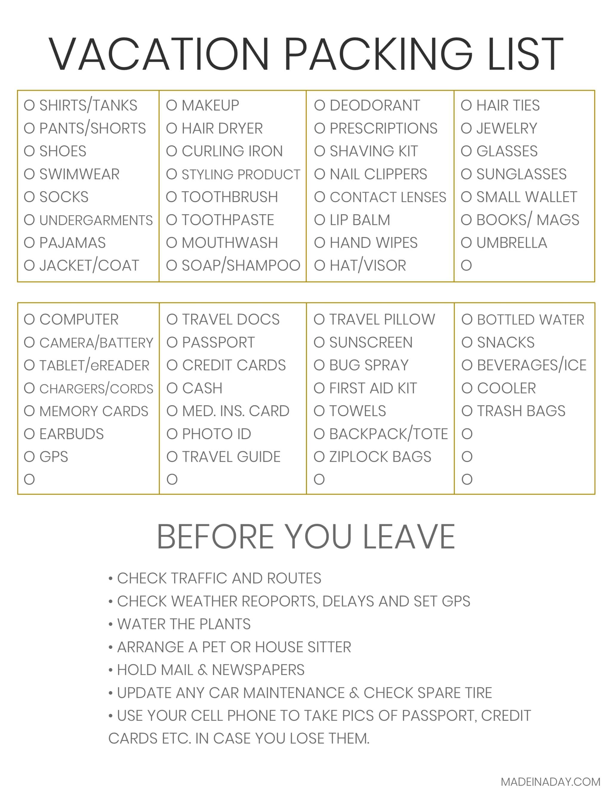 Travel Checklist Printable