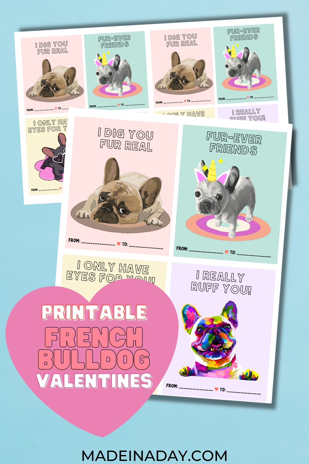 French Bulldog Valentines Card Set