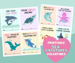 Sea Creature Valentines Cards Set