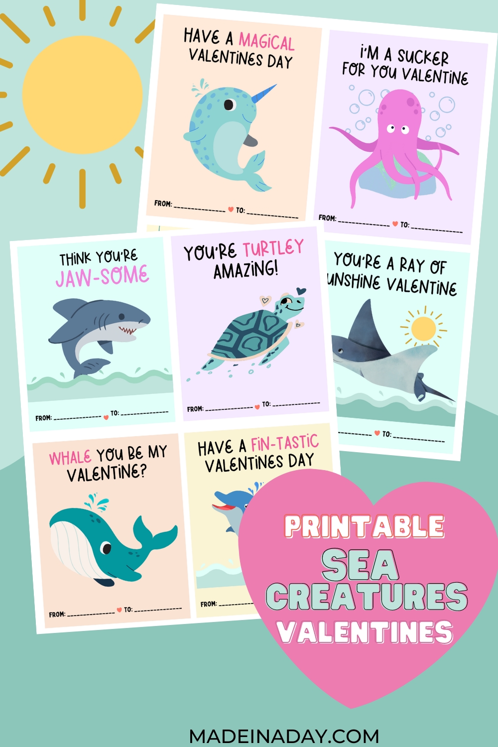 Sea Creature Valentines Cards Set