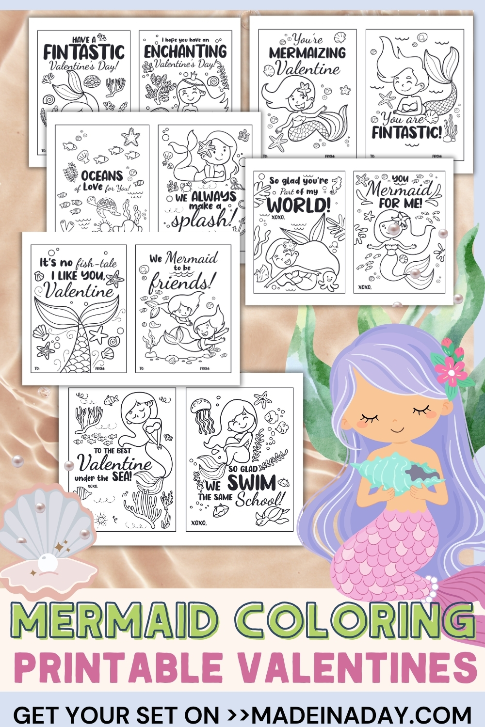 Mermaid Coloring Valentine Cards
