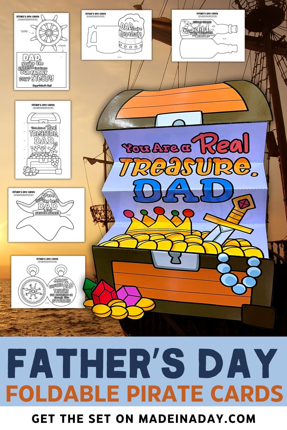 Fathers Day Foldable Coloring Pirate Card Set